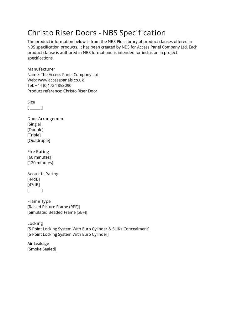 Christo Riser Door NBS Specification | Simplis® | The Access Panel Company